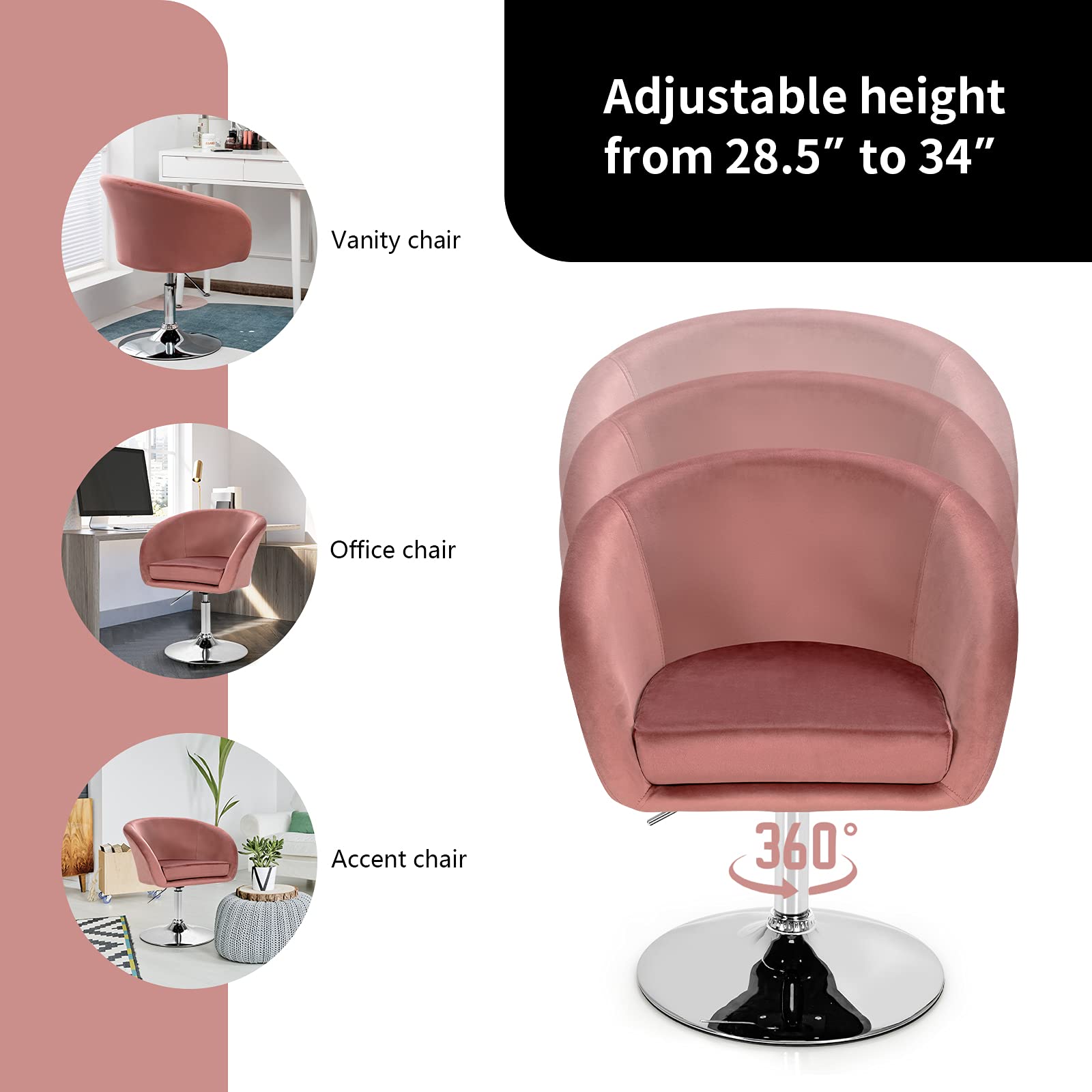 COSTWAY Vanity Chair, Height Adjustable Modern Velvet Makeup Chair with Chrome Frame, Round-Back, Comfortable Swivel Accent Leisure Chair for Living Room, Bedroom (Pink)