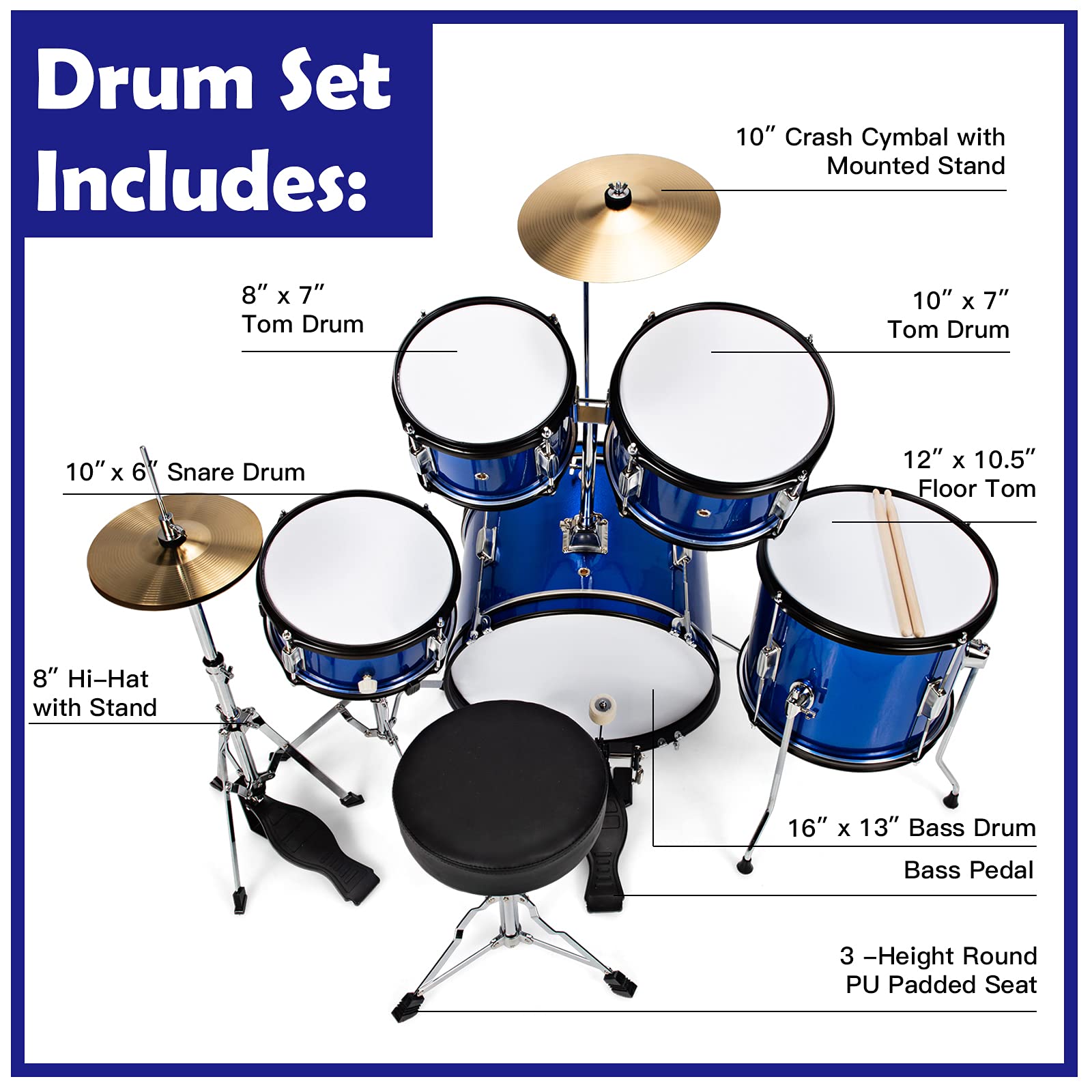 Costzon 16β Kids Drum Set, 5-Piece Full Size Complete Junior Drum Set with Adjustable Throne, Cymbal, Hi-Hat, Pedal & Drumsticks, Beginner Drum Kit with Bass Snare Tom Drum, Age 3-12, Blue