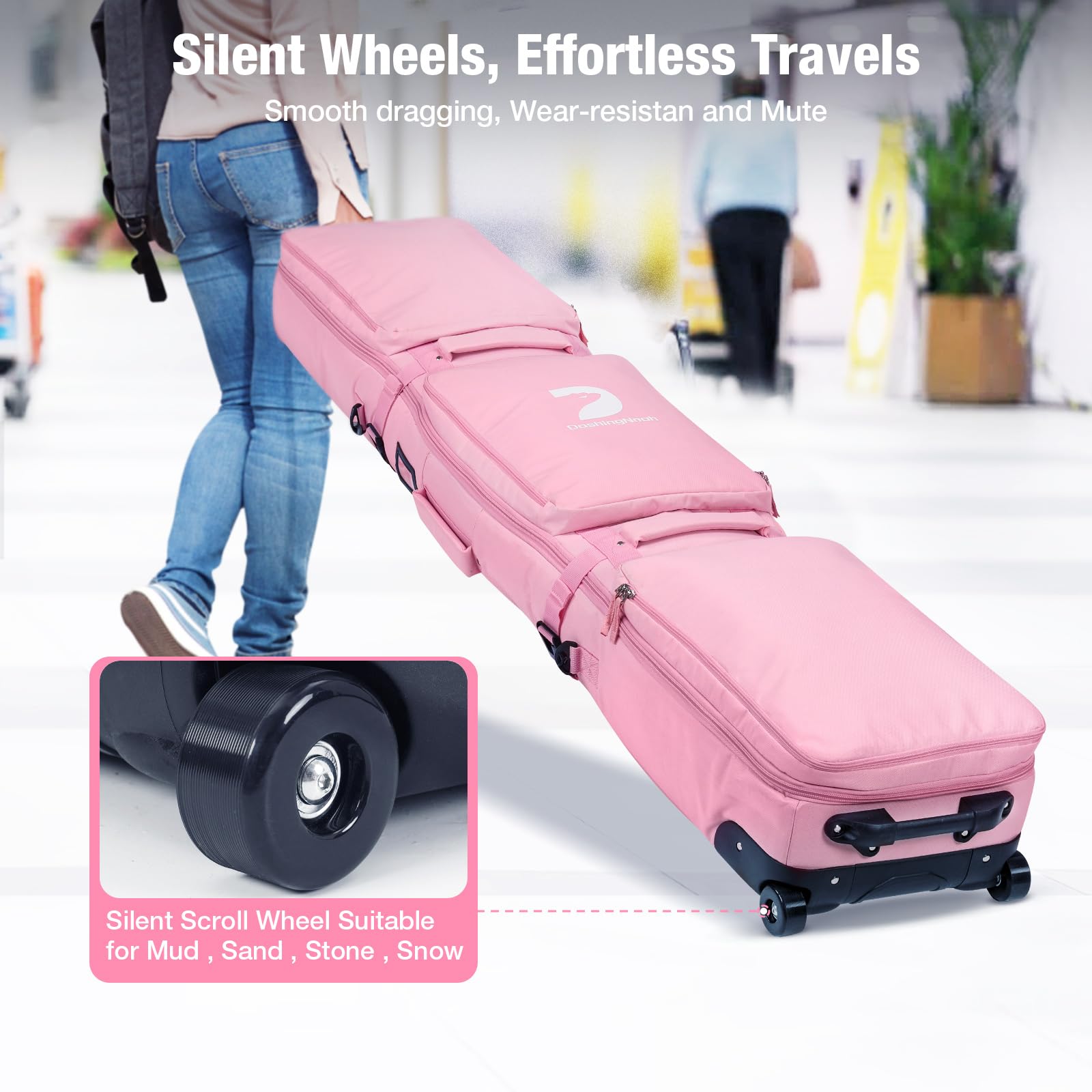 DASHINGNOAH Double Rolling Ski Bag, Waterproof Snowboard Bag with Wheels for Air Travel, Extendable From 175-187CM, Padded 3 Outside Bags Fit Single Ski/2 Sets Skis, Helmet, Jacket&Boots, Black