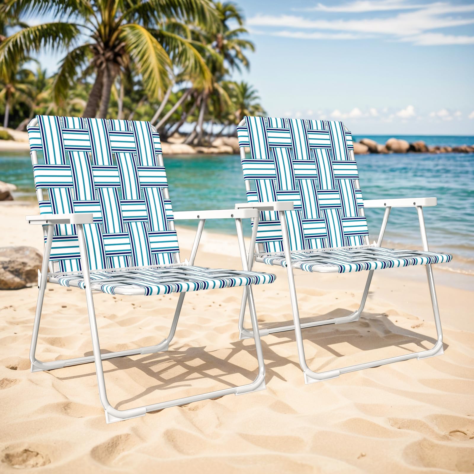 GREZJXC Beach Chair 2-Set,Camping Chairs Webbed Portable Lawn Chair Outdoor lounge Chair Portable Dining Chairs with Armrests for Camping