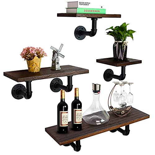 MANTE BLONG QTSARTISAN 24-Inch Industrial Pipe Floating Shelves Wall Mounted, Rustic Wood Wall Shelves Set of 4 for Bedroom, Bathroom, Living Room, Kitchen,Office and More (4 Shelves, Brown)