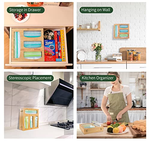 Bamboo Ziplock Bags Organizer for Kitchen Drawer - Food Storage Plastic Bag Dispenser Holder Containers, Openable Lid Wooden Organization Box for Gallon Snack Sandwich Quart Variety Size Baggies