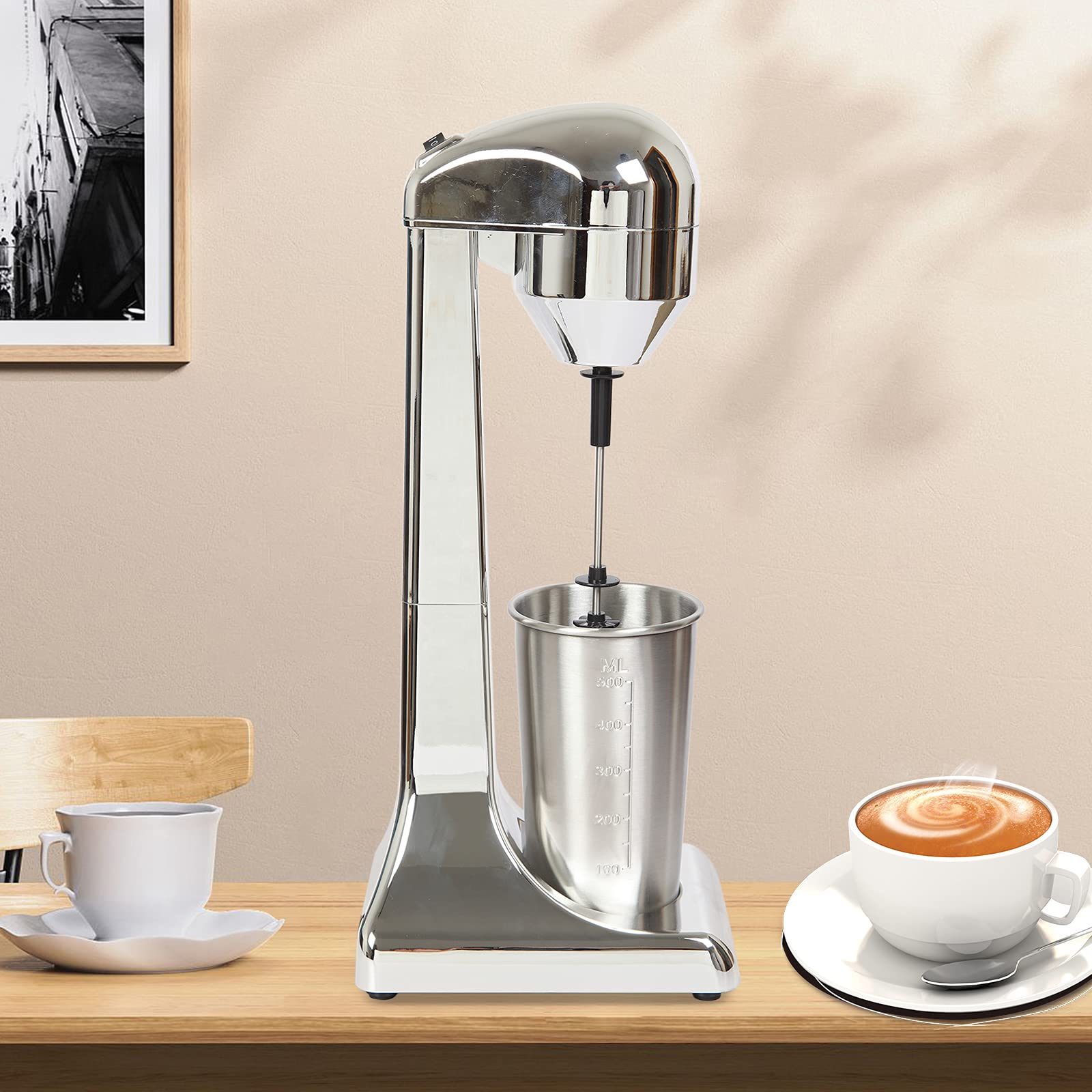 Milk Shake Machines, Ice Cream Blender with 2 Speeds, Household Commercial Drink Mixer with 450ml Abs Cup and 500ml Stainless Steel Cup (Silver)
