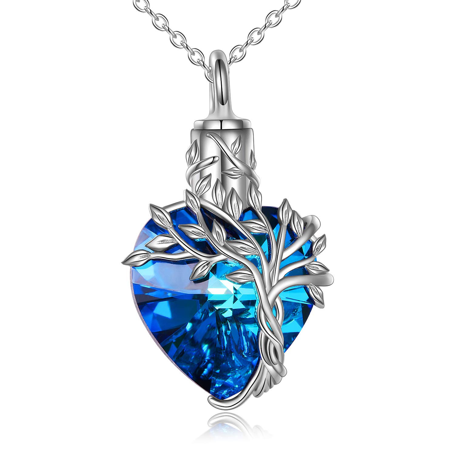 TOUPOP Heart Cremation Jewelry Sterling Silver with Blue Crystal Tree of Life Urn Necklace for Ashes w/Funnel Filler Jewelry Gifts for Women