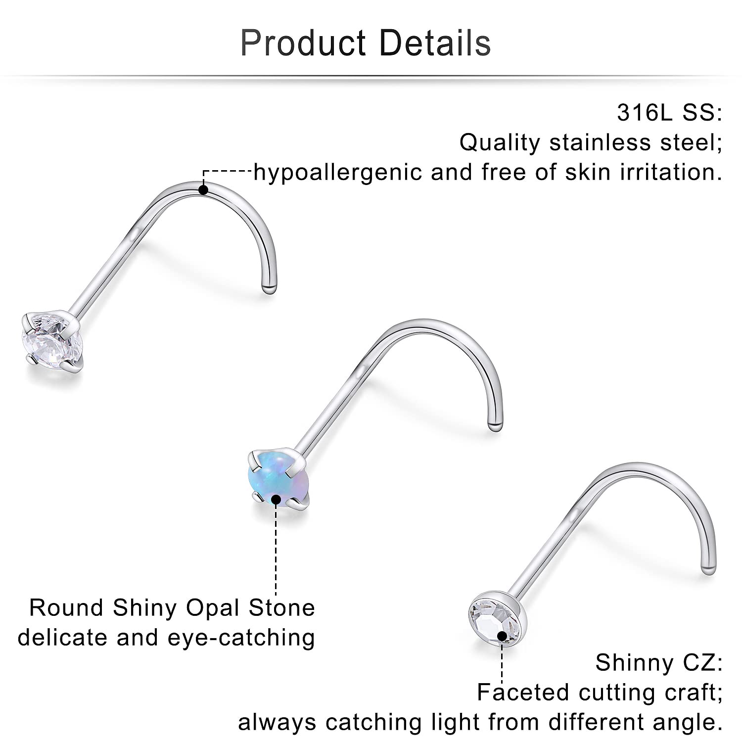 Cisyozi 22G Nose Rings Stud Piercing Jewelry Women Stainless Surgical Steel Nose Stud Silver Screw Twist Spiral Corkscrew Nose Nostril Ring Stud Hook Set Piercing Jewelry Women Men 1.5mm Diamond Opal