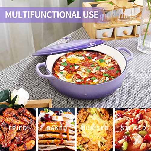 EDGING CASTING Enameled Cast Iron Dutch Oven Shallow Casserole Braiser with Dual Handle, 3.8-QT, Purple