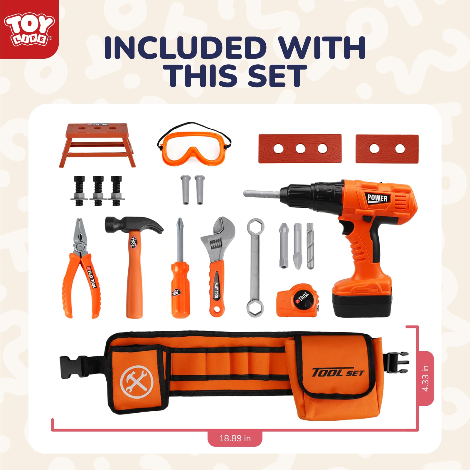 TOY Life Kids Tool Set with Kids Tool Belt & Toy Drill, Toddler Tool Set for Kids Pretend Play, Toy Tools Construction Tools Halloween Tool Costume Kids Tool Kit for Boys Girls 3 4 5 6 7 8 Years Old
