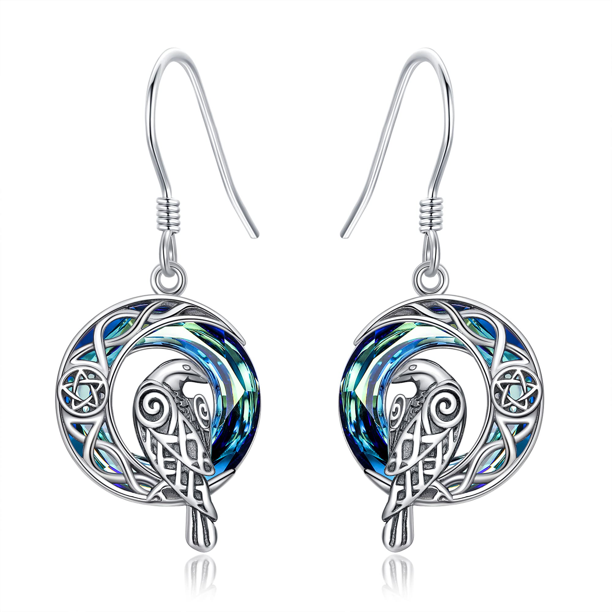 Crystal Raven Earrings Sterling Silver Crow Viking Odin Bird Drop Earrings Blue Crystal Raven on Moon Jewelry Gifts for Women