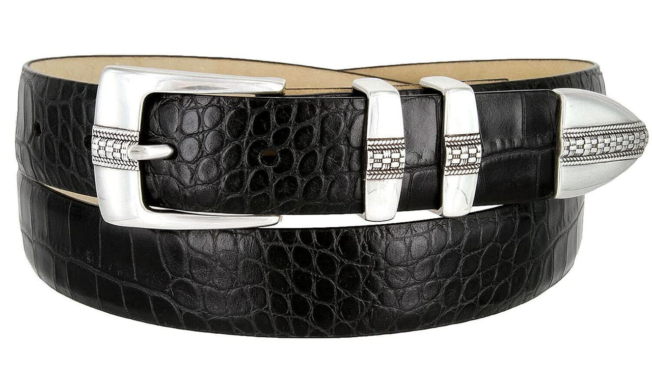 Brandon Italian Calfskin Genuine Leather Designer Golf Dress Belt 1-1/8"(30mm) Wide (Alligator Black, 40)