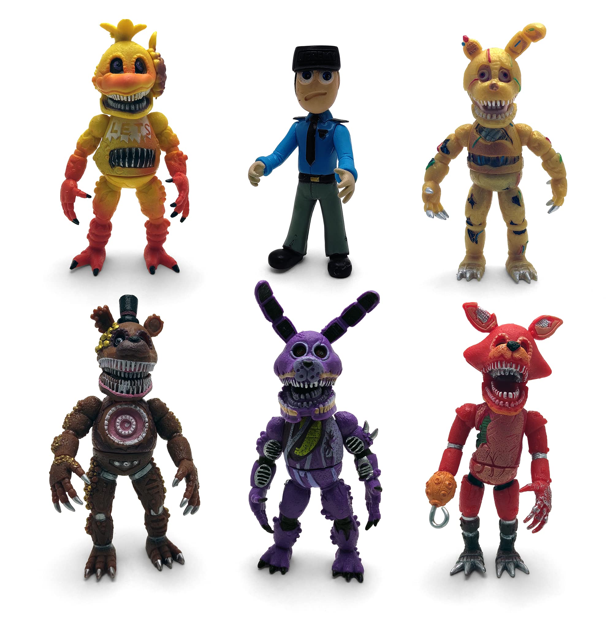 Toysvill Inspired by Five Nights at Freddy Game Action Figures Toys (FNAF) Toy, Set 6 pcs, Height 6in [Nightmare Foxy, Freddy, Bonnie, Fazbear, Chica and Human Security] with Masks