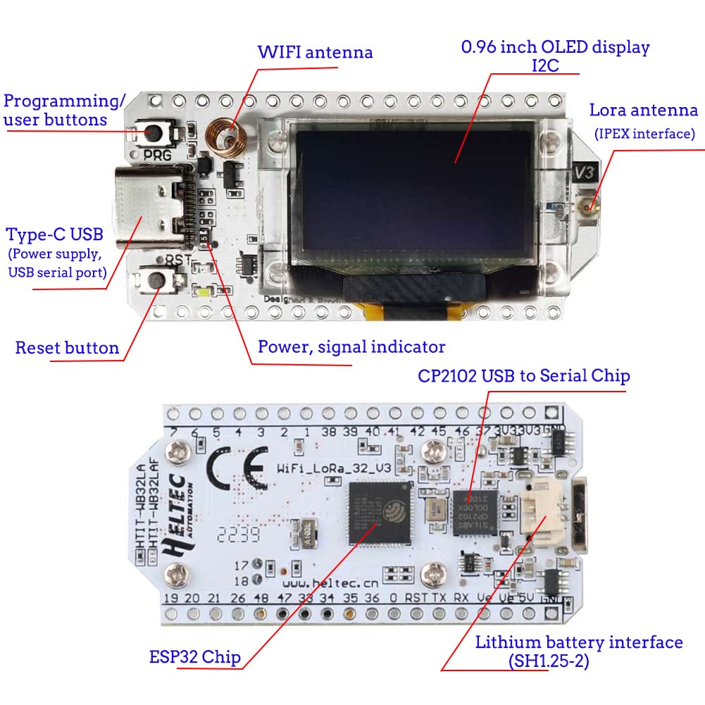 DIYmall 915MHz ESP32 V3 LoRa Development Board with 0.96 OLED Dispaly WiFi BT SX1262 Module + IPEX LoRa Antenna for Arduino IOT LoraWan (Pack of 2 Sets)