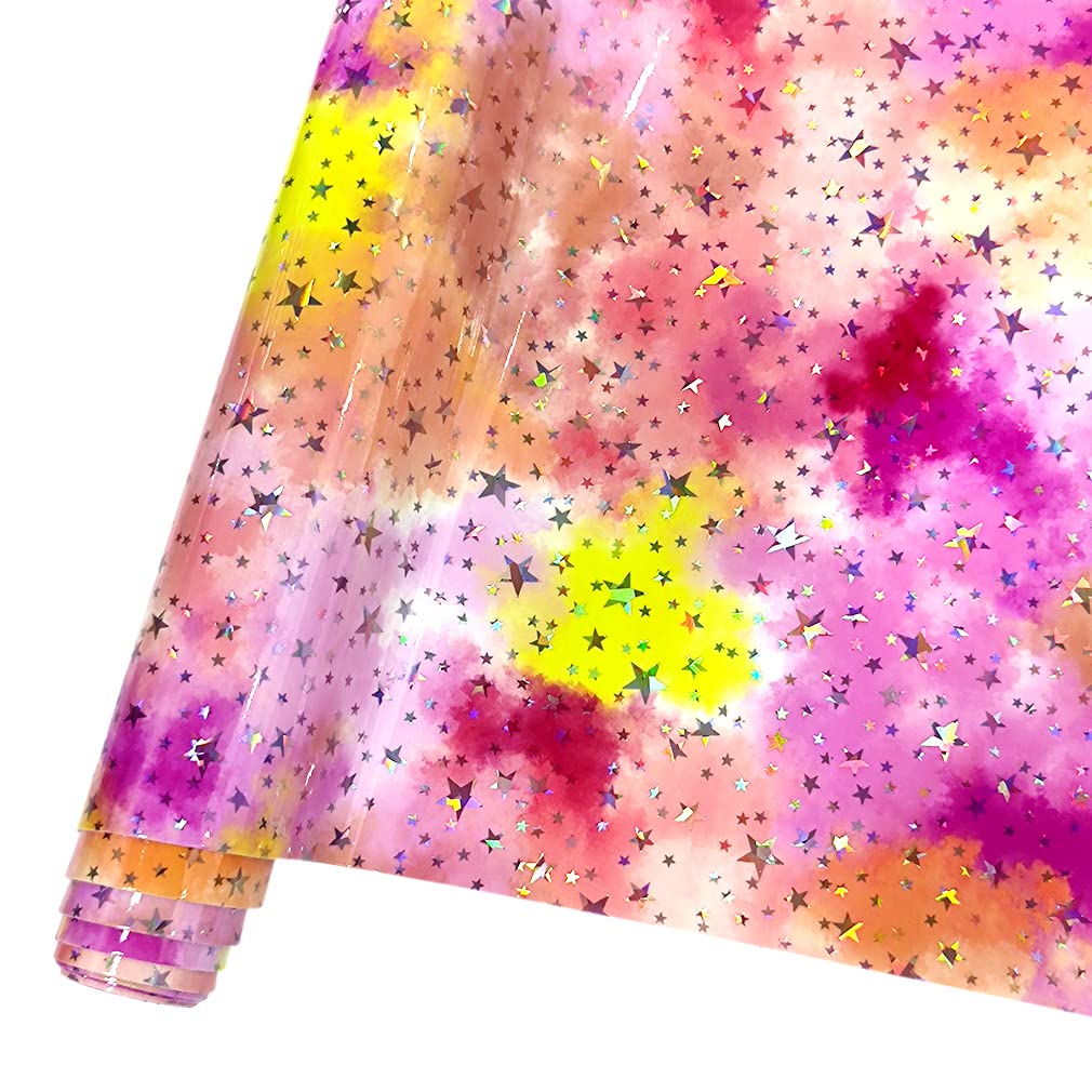 HYANG Holographic Rainbow Smudges Stars PU Faux Leather 1 Roll 12"X53"(30cmX135cm), Faux Leather Very Suitable for Crafts Making Leather Earrings, Bows, Handbag ,Sewing (Type 2)