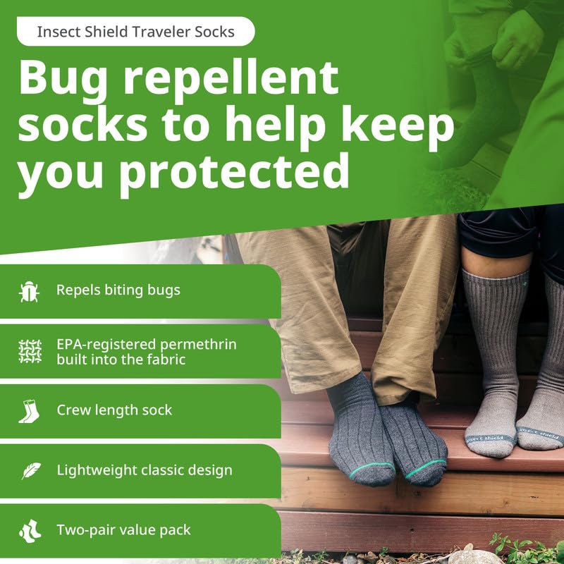 Insect Shield Lightweight and Comfy Traveler Sock with Built-In Bug Repellent, Charcoal, Medium (Pack of 2)
