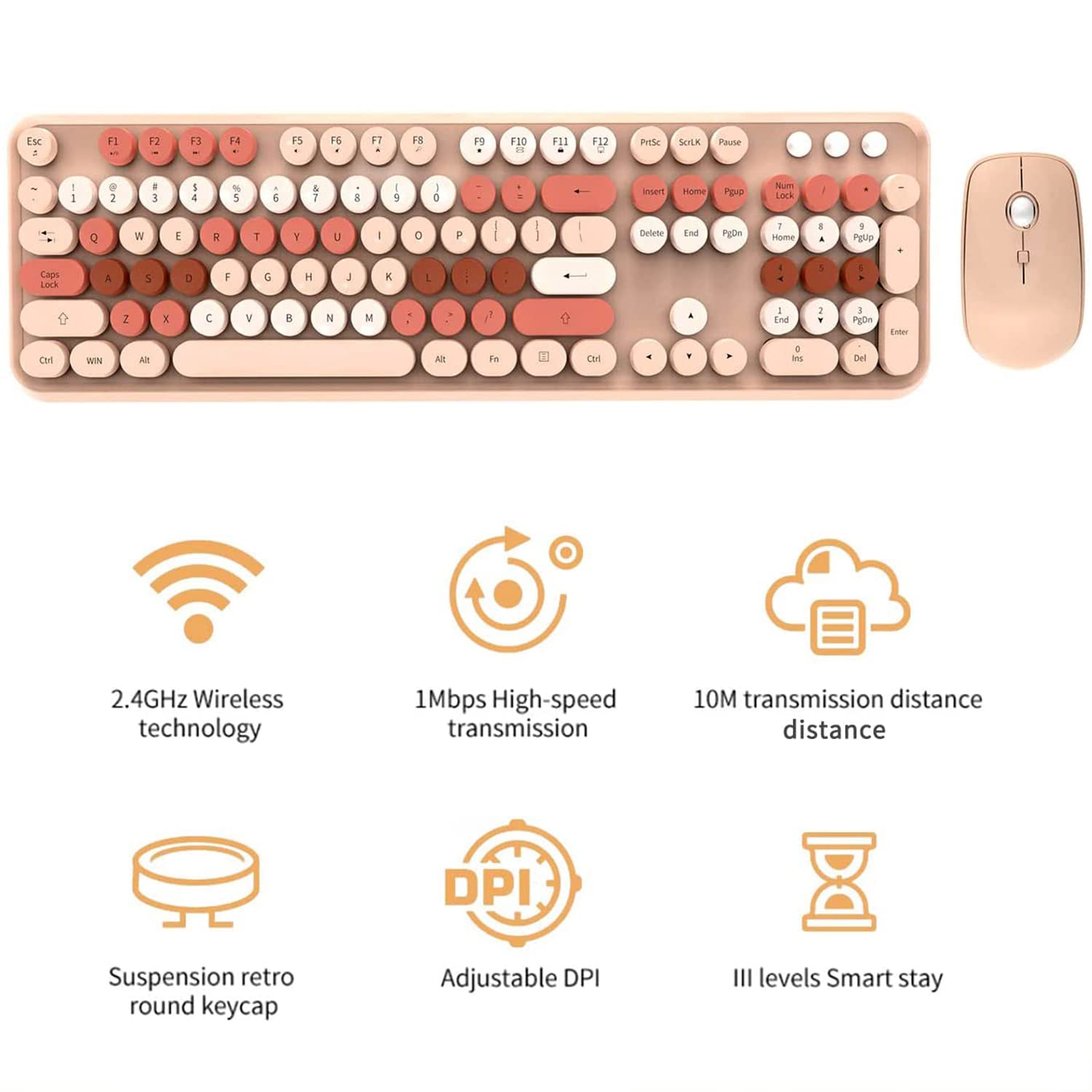 FOPETT Keyboard and Mouse Sets Wireless,Reliable 2.4 GHz Connectivity for PC,Laptop,Smart TV and More (Milk Tea Color)