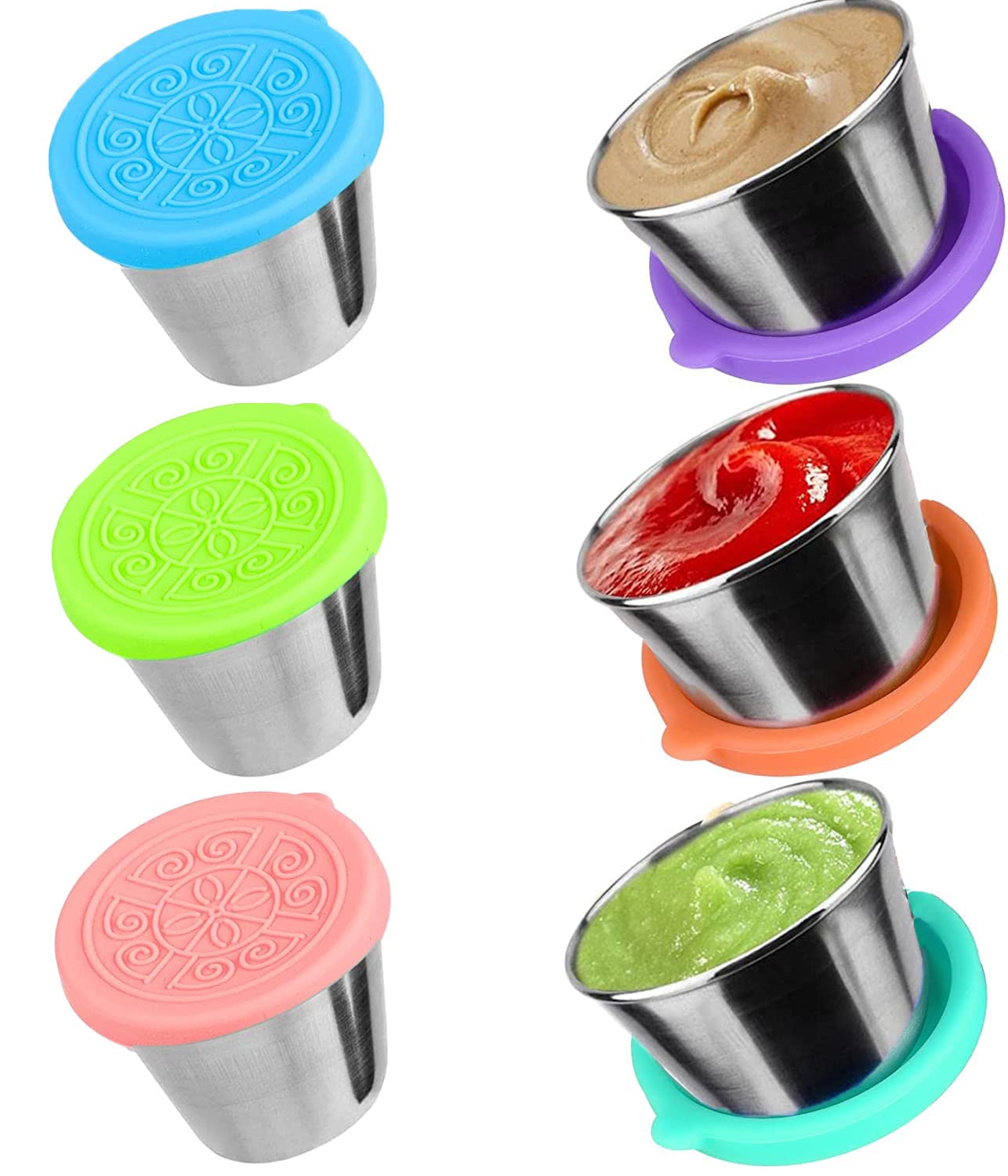 EFOBO 6 Piece 2.4oz Salad Dressing Container To Go, Reusable Small Containers with Lids, Fits in Bento Box for Lunch, Stainless Steel Leakproof Condiment Cup, Easy Open, Dipping Sauce Cups