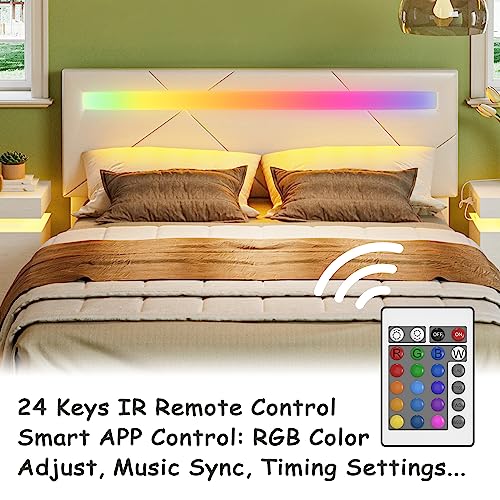 LIKIMIO Queen Bed Frame with LED Lights, Modern PU Leather Upholstered Platform Bed with Headboard, No Box Spring Needed/Noise-Free/Easy Assembly, White