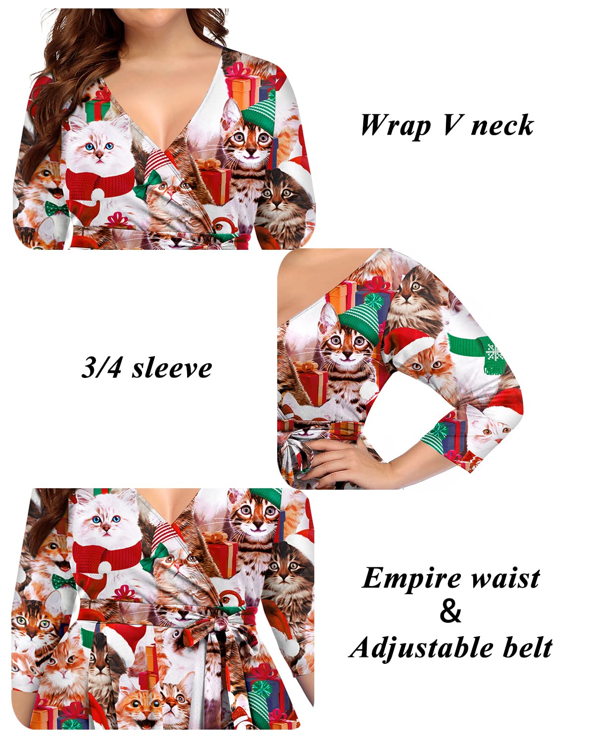 Christmas Dresses Women Plus Size Cat Print Meowy Cute Holiday Casual Long Sleeve Xmas Ugly Wrap Fall 2022 Midi Dress