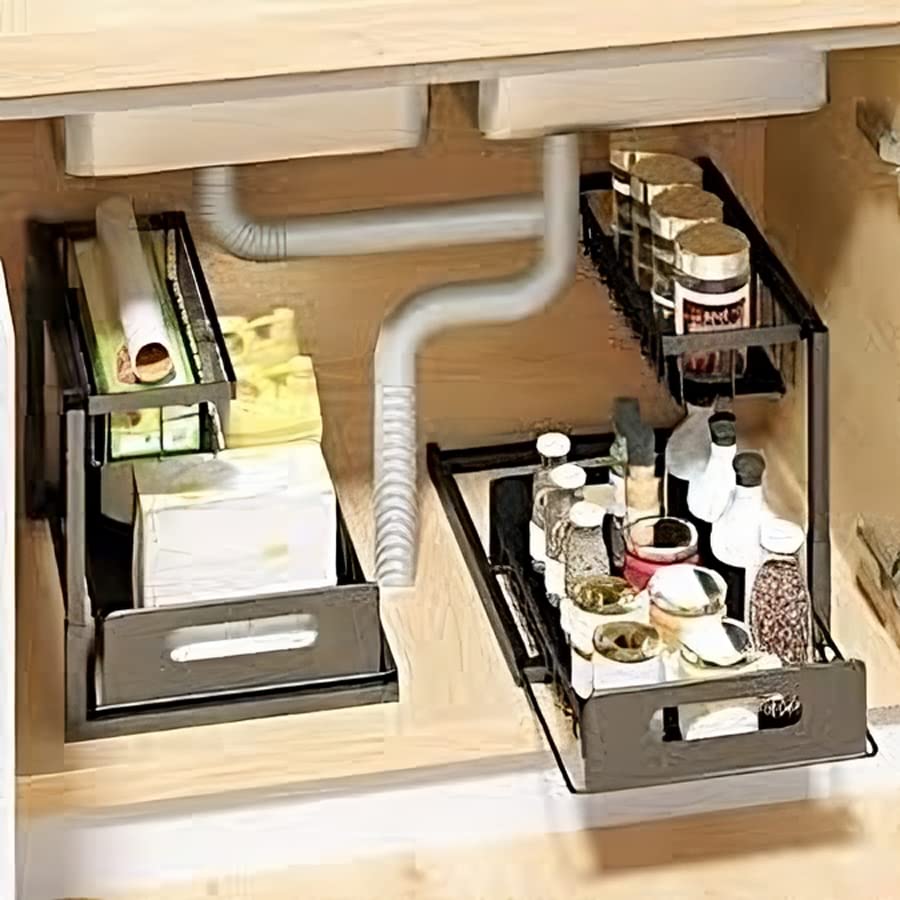 Kitchen and Bath Under Sink Organizer, Heavy Duty Metal Under Sink Organizer, Cabinet Organizer, Under Sink Organizer Kitchen and Under Sink Bathroom Organizer and Storage -Black