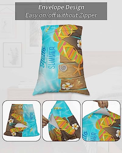 Edwiinsa Hello Summer Pillow Covers King Standard Set of 2 20x36 Bed Pillow, Tropical Ocean Starfish Slippers Spring Floral Plush Soft Comfort for Hair/Skin Cooling Pillowcases with Envelop Closure