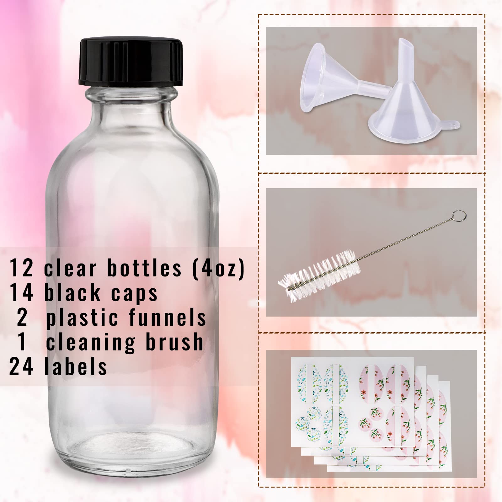 PINIWON 12 Pack 4 oz Clear Glass Bottles, 120ml Boston Round Sample Bottles with Black Poly Cone Caps, Labels, Funnels and Brush