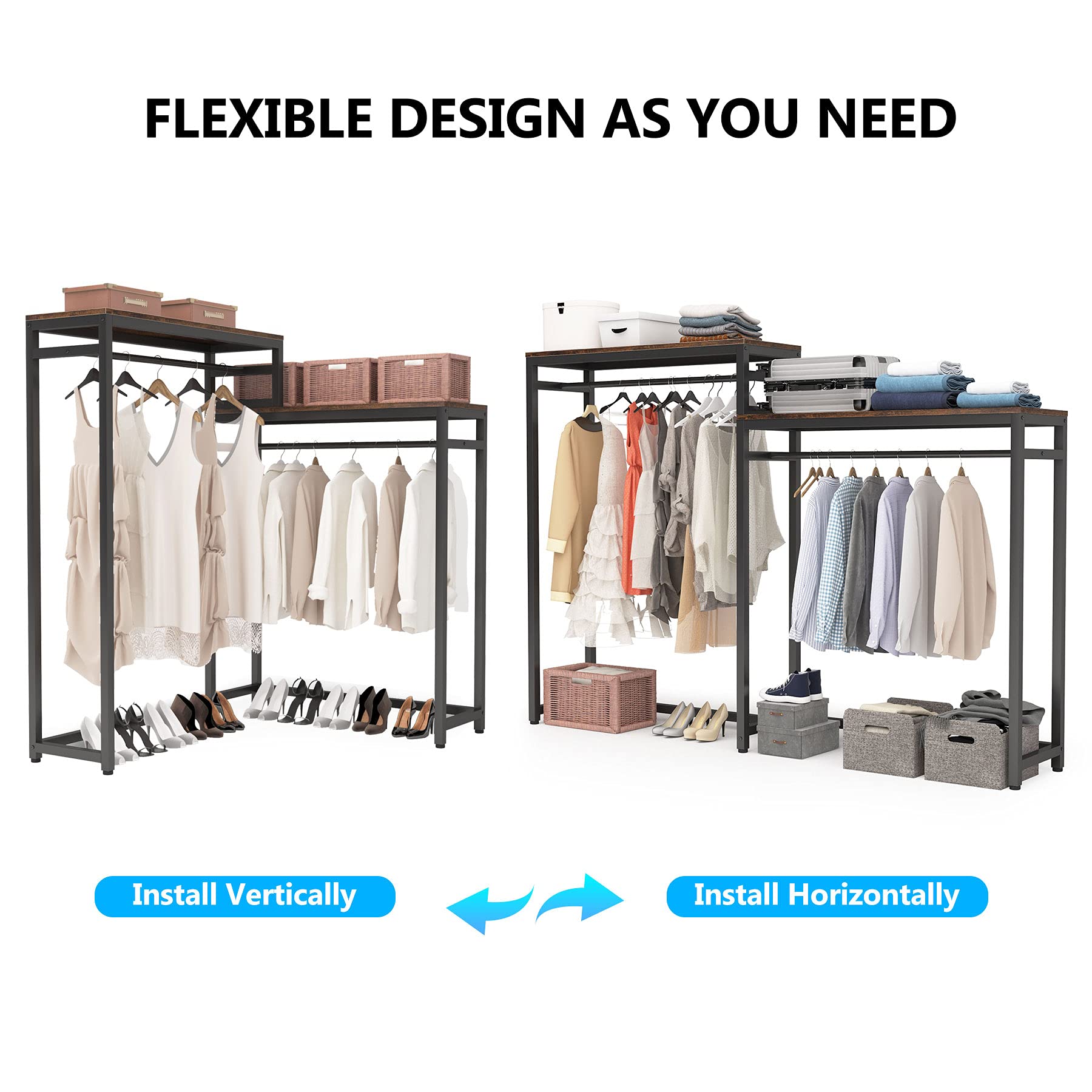 Tribesigns Free Standing Closet Organizer, Clothes Garment Racks with Storage Shelves and Double Hanging Rod, Heavy Duty Metal Wardrobe Closet Storage Clothing Shelving for Bedroom (Rustic Brown)