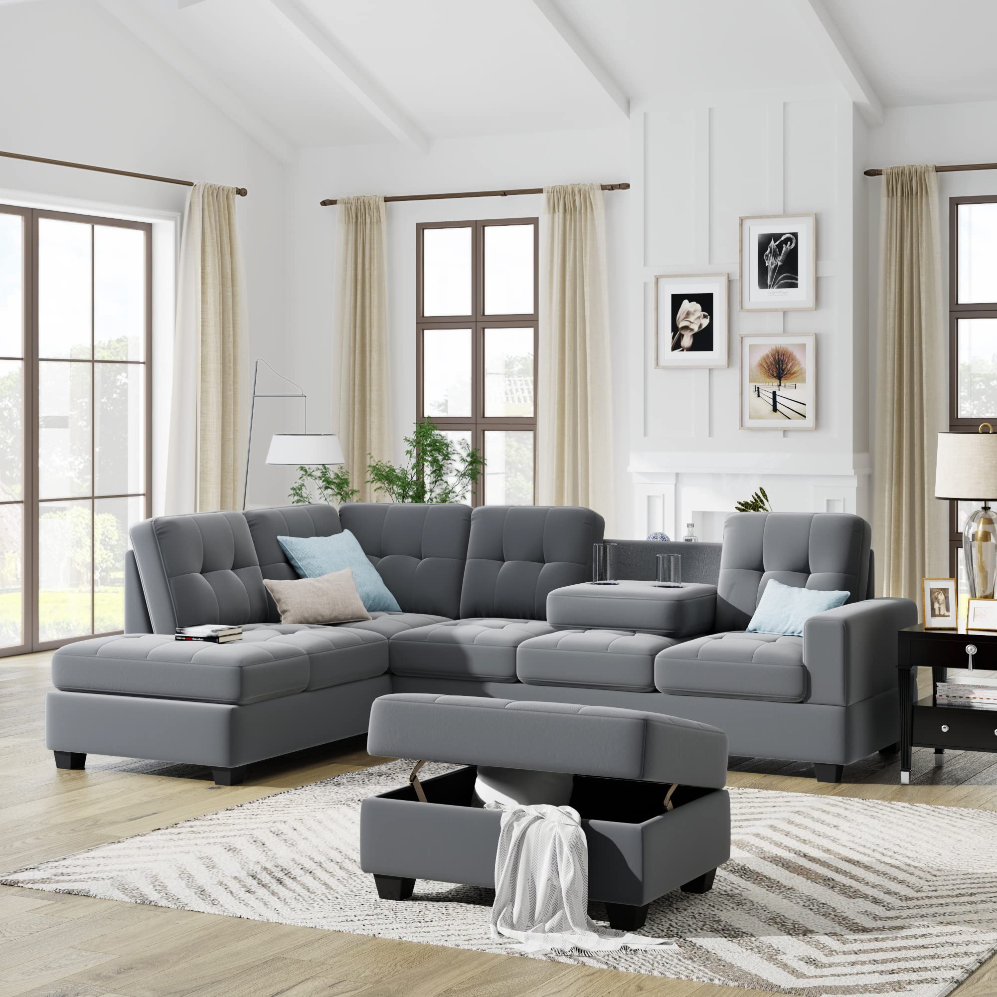 Merax L Shaped Sectional Sofas 3-Seat Sofa Sets Sectional Sofa Couches with Reversible Chaise Lounge, Cup Holders and Storage Ottoman for Living Room Furniture (Grey)
