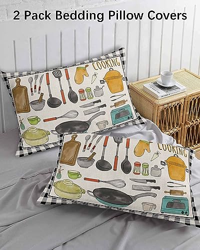 Edwiinsa Kitchen Cooking Pillow Covers Standard Size Set of 2 20x26 Bed Pillow, Farmhouse Rutsic Black Plaid Burlap Plush Soft Comfort for Hair/Skin Cooling Pillowcases with Envelop Closure