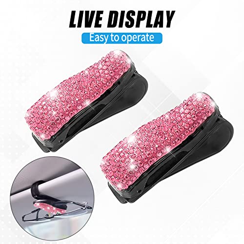 Jawmoy 2 PCS Glasses Holders for Car Sun Visor, Bling Crystal Rhinestones Storage Bag, Car Eyeglasses Hanger Mount, Car Accessories for Women (Pink)