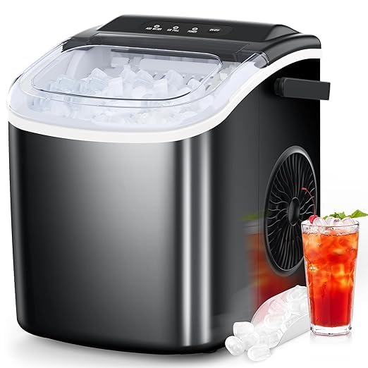 FLAZY Ice Maker Countertop, Portable Ice Machine with Self-Cleaning, 26.5lbs/24Hrs, 9 Bullet Ice Cubes in 6 Mins, Ice Basket and Scoop, Ideal for Home, Kitchen, Bar, Camping
