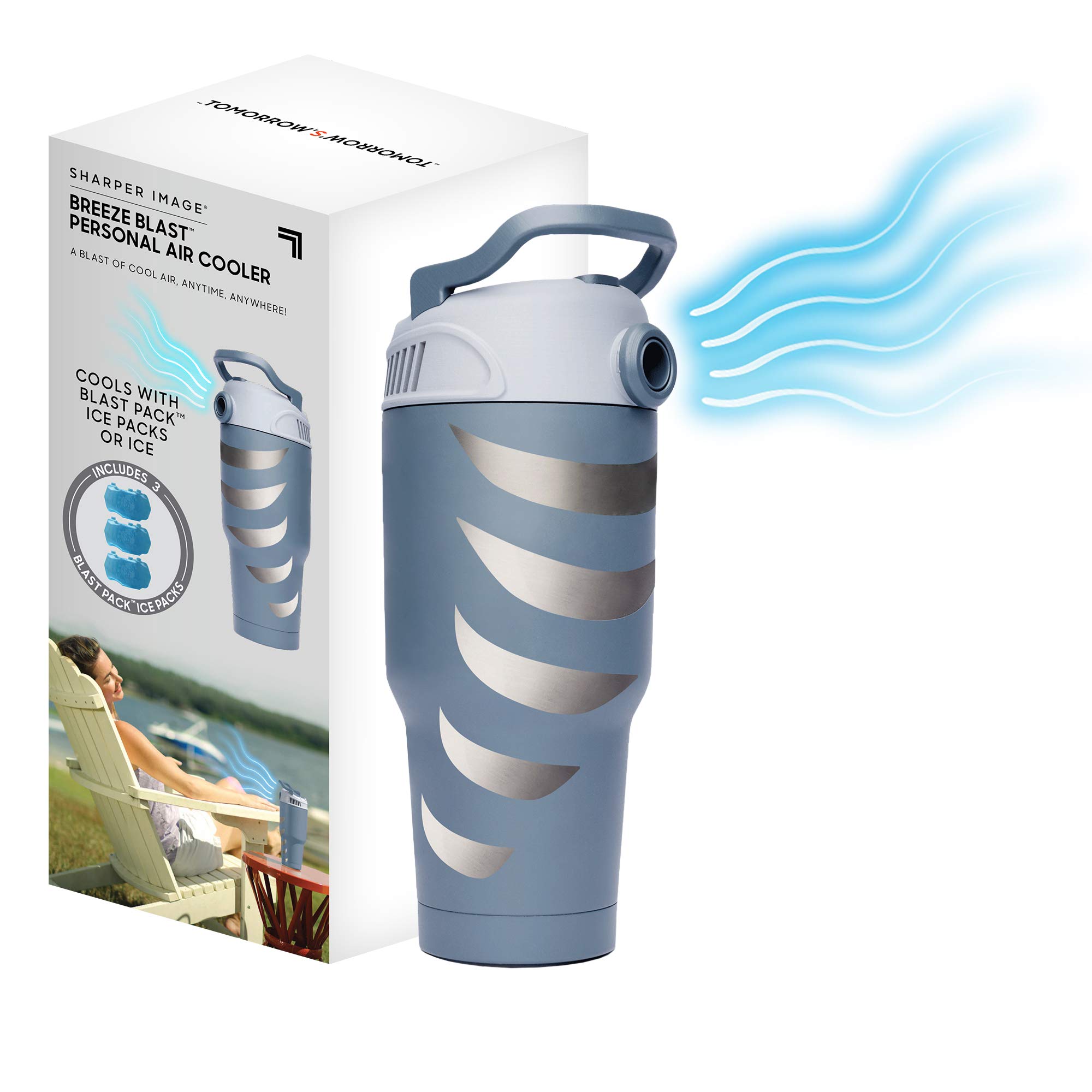 Breeze Blast by Sharper Image Personal Air Cooler, Portable, Rechargeable, Use Indoor/Outdoor, Includes- Unit, 3 Blast Pack Ice Packs- Grey