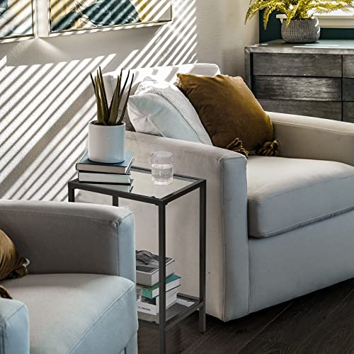 HOMSHO Side Tables Set of 2, End Tables with Tempered Glass, 2-Tier Nightstands with Storage Shelves, Slim Sofa Table for Living Room, Bedroom (2, Black)
