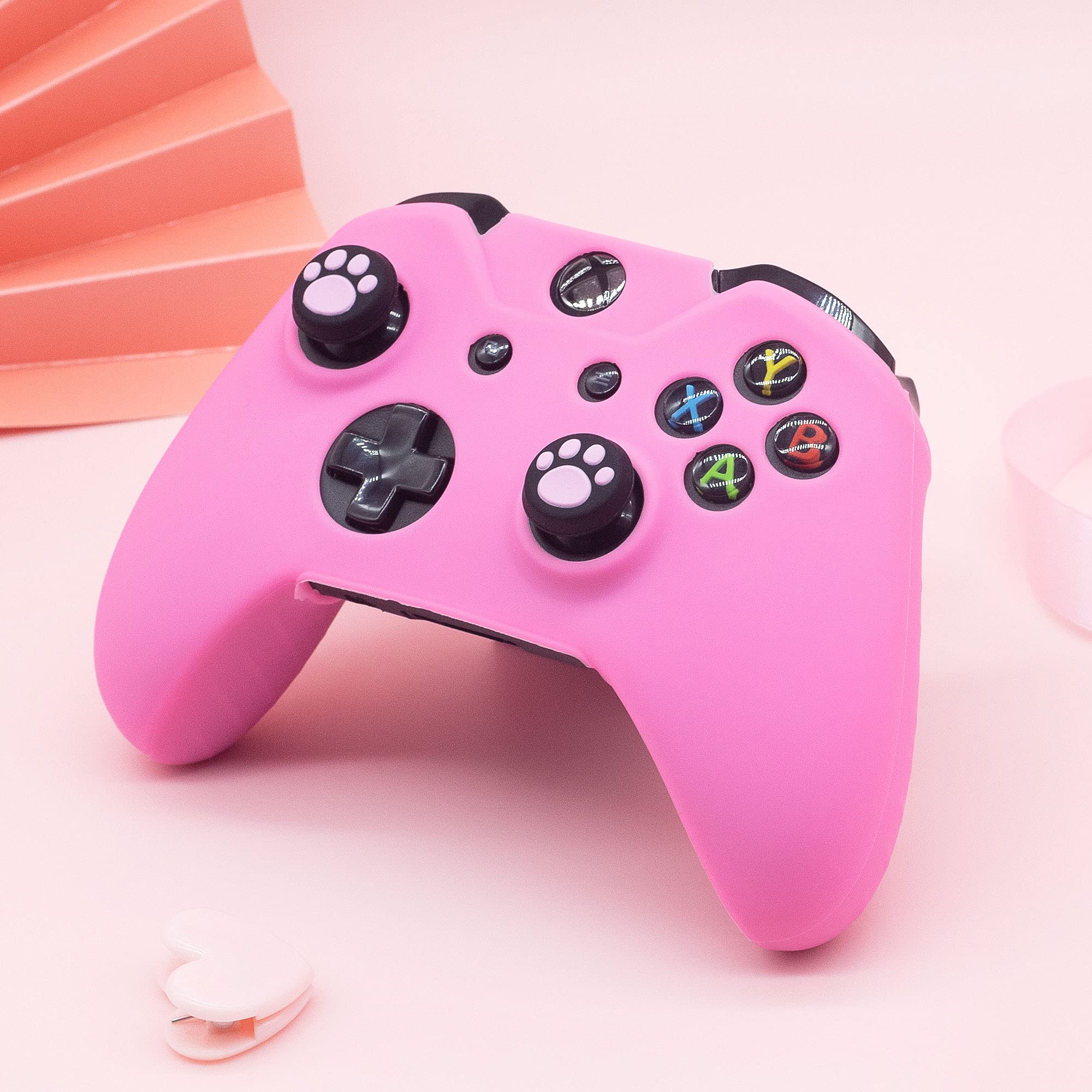 BRHE Cute Skin Cover for Xbox-One/Series X/S Controller Anti-Slip Silicone Grip Protective Case Accessories Set Wireless/Wired Gamepad Joystick with 2 Cat Paw Thumb Grips Caps (Deep Pink)