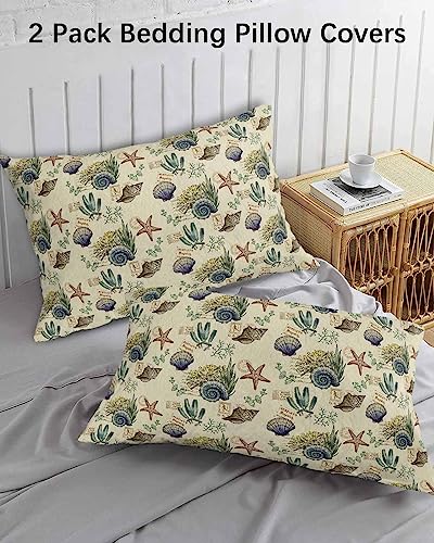 Edwiinsa Summer Beach Pillow Covers Standard Size Set of 2 20x26 Bed Pillow, Ocean Coastal Conch Shell Starfish Farmhouse Plush Soft Comfort for Hair/Skin Cooling Pillowcases with Envelop Closure