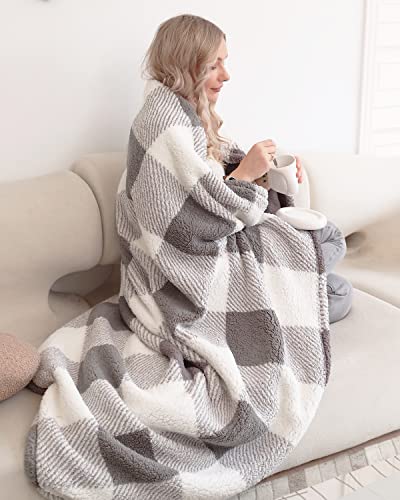 Panku Plaid Sherpa Throw Blanket with Solid Plush Reverse, Reversible Soft Fleece Checkered Blanket for Couch and Bed, Cozy and Warm Fuzzy Blanket, Grey Plaid, 50x60 Inches