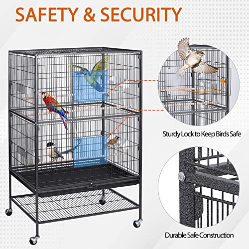 SUPER DEAL 52 Inch Rolling Bird Cage Large Wrought Iron Cage for Cockatiel Sun Conure Parakeet Finch Budgie Lovebird Canary Medium Pet House with Rolling Stand & Storage Shelf