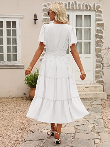 LILLUSORY Womens Modest Graduation Smocked V Neck Flowy Tiered A Line Midi Dresses 2023 Summer Short Flutter Sleeves Empire Waist Derby Long Maxi Dress White