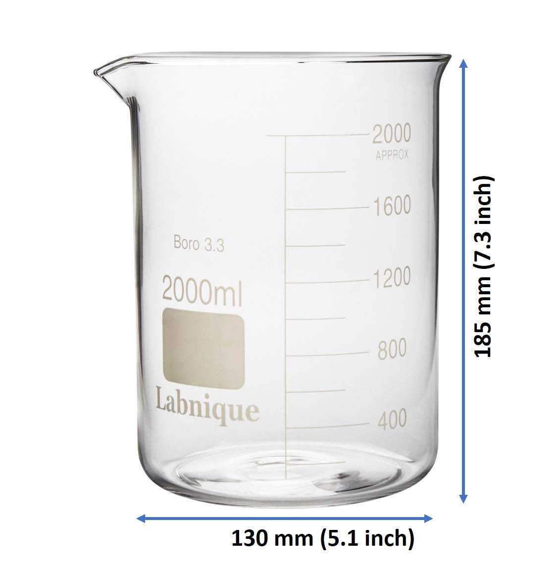 Labnique Borosilicate 3.3 Glass Griffin Beaker, Low Form with Printed Graduation, 2000ml / 2L