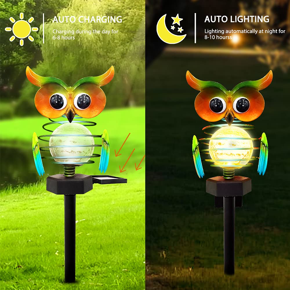 Solar Garden Lights Outdoor, Solar Owl Lights Waterproof Decor, Garden Stake Lights Solar Powered Crackle Glass Globe Lights Outdoor Warm White Owl LED Lights for Yard Lawn Patio Pathway Walkway