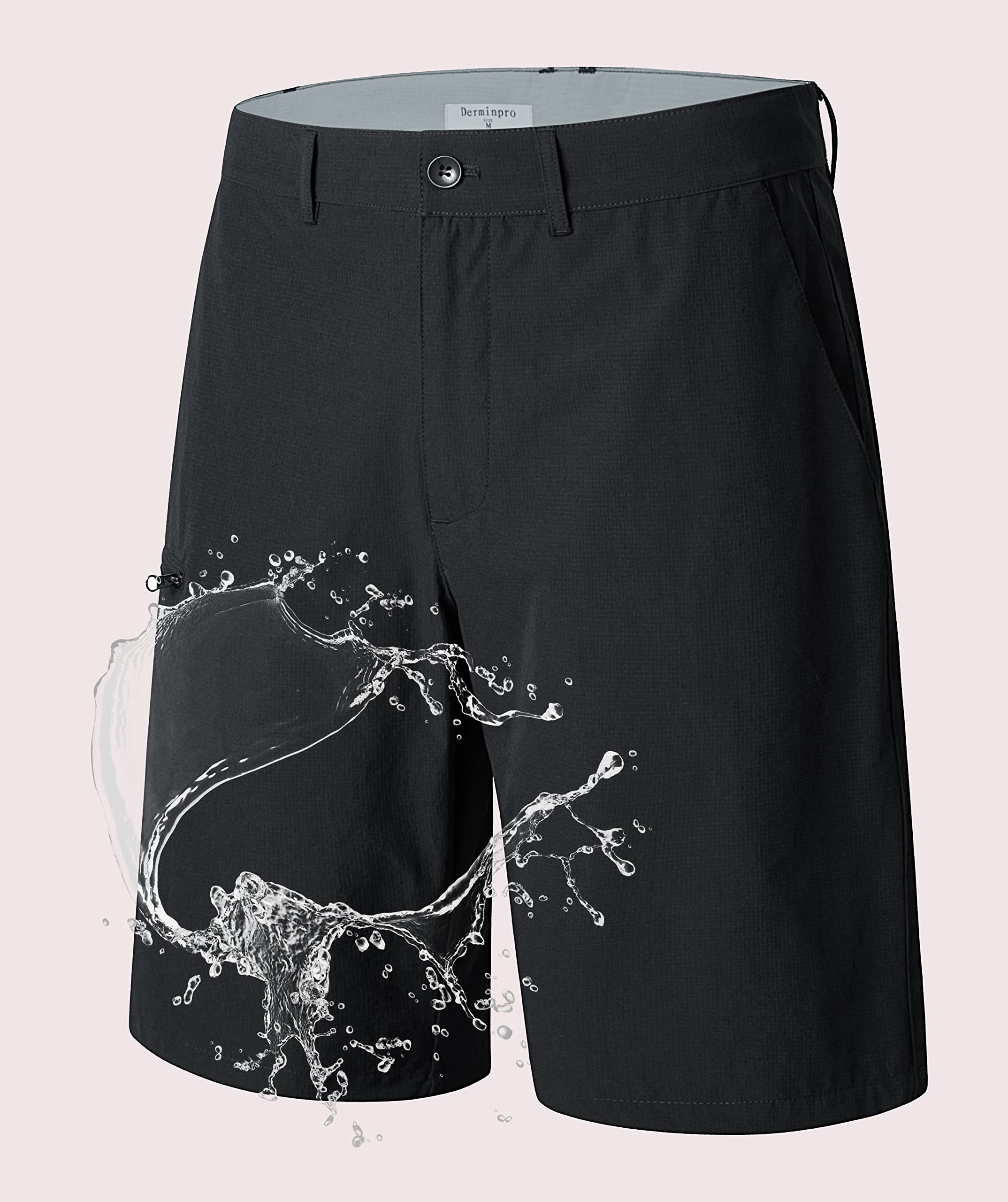 Derminpro Men's Waterproof Quick Dry Pocketed Stretch Zip Pockets Hiking Shorts Black Large