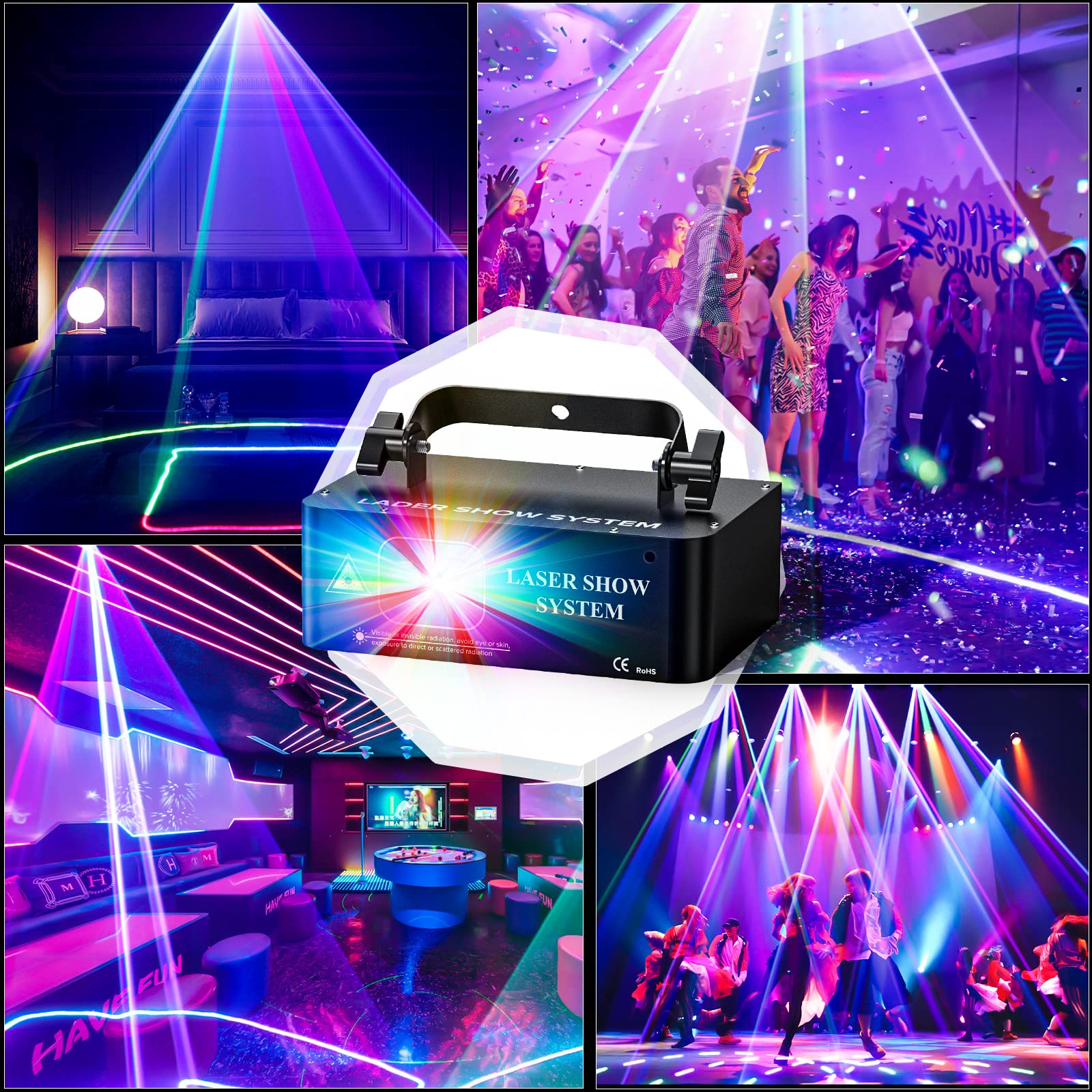 DJ Light Stage Light, Music Sound Activated Strobe RGB Light DJ Party Lights LED Projector Party Lights Music Lights with DMX Control for Dancing Birthday Bar Pub Stage Lighting