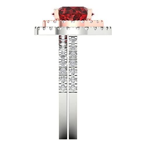 Clara Pucci 2.92ct Round Cut Halo Pave Solitaire Halo Accent Scarlet Red Garnet Statement Bridal Ring Band Set 14k White Rose Gold 6
