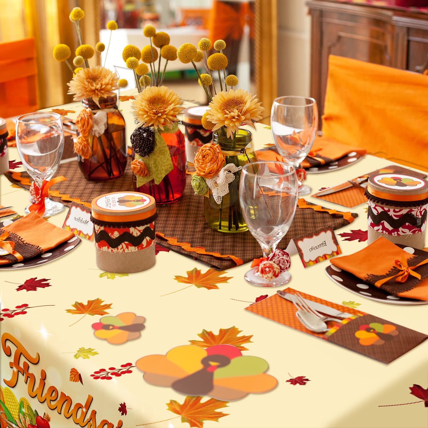 tineit 3 Pieces Friendsgiving Tablecloth, Happy Friendsgiving Decorations Plastic Tablecovers, Rectangle Friendsgiving Table Decorations for Fall Thanksgiving Friendsgiving Party, 108 * 54