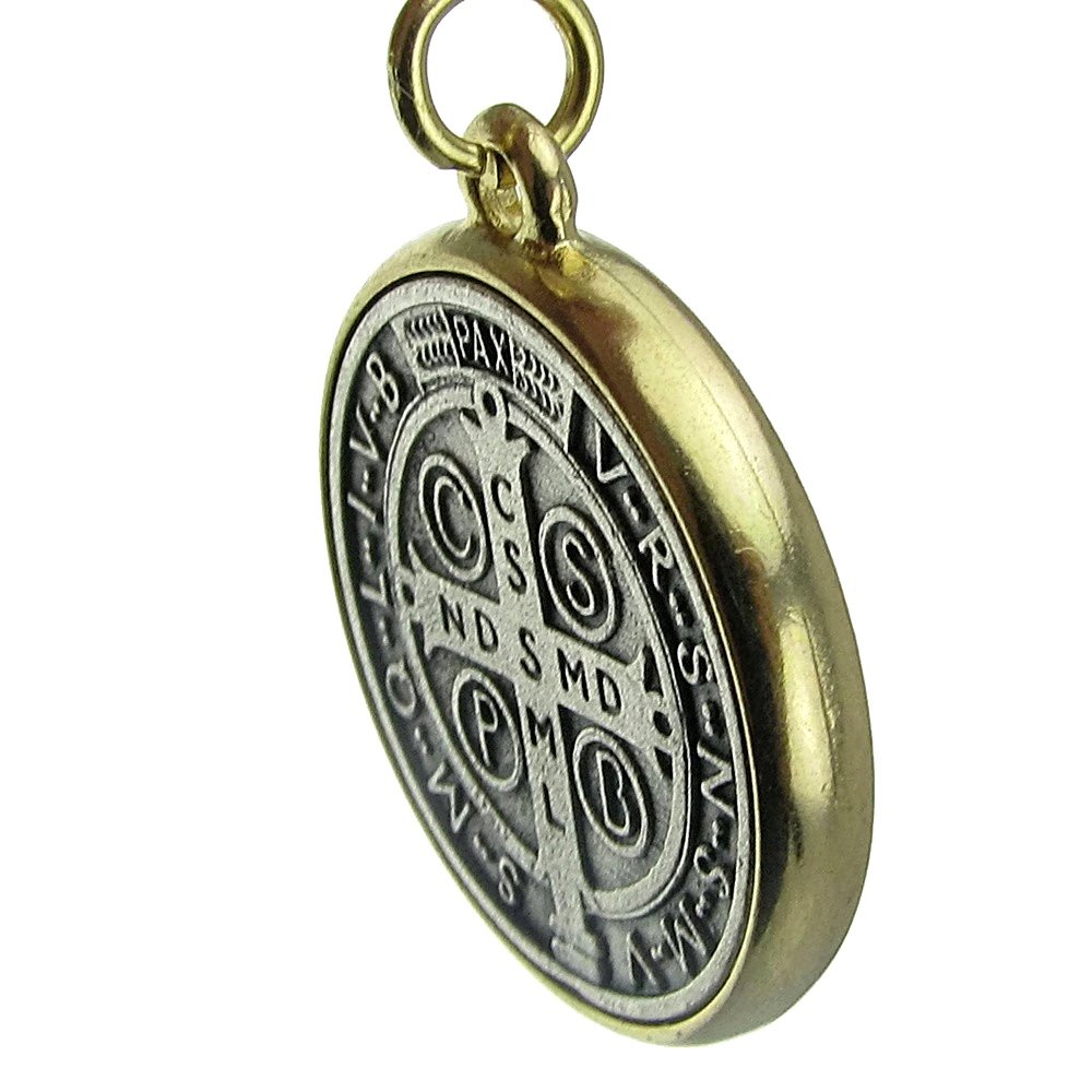 Bling Cartel Medalla De San Benito Saint St Benedict Two Tone Medallion Antiqued Silver & Gold Finish 35mm Medal