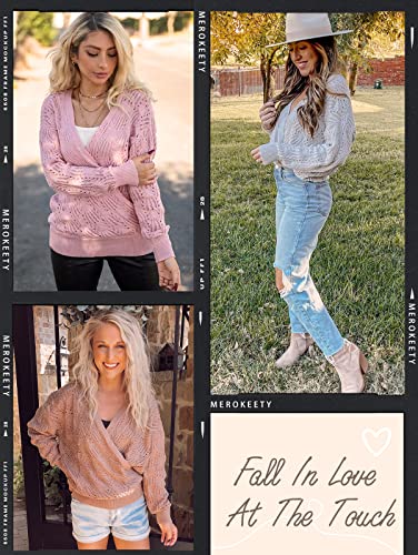 MEROKEETY Womens Deep V Neck Wrap Sweaters Long Sleeve Crochet Knit Pullover Tops, Army Green, Large
