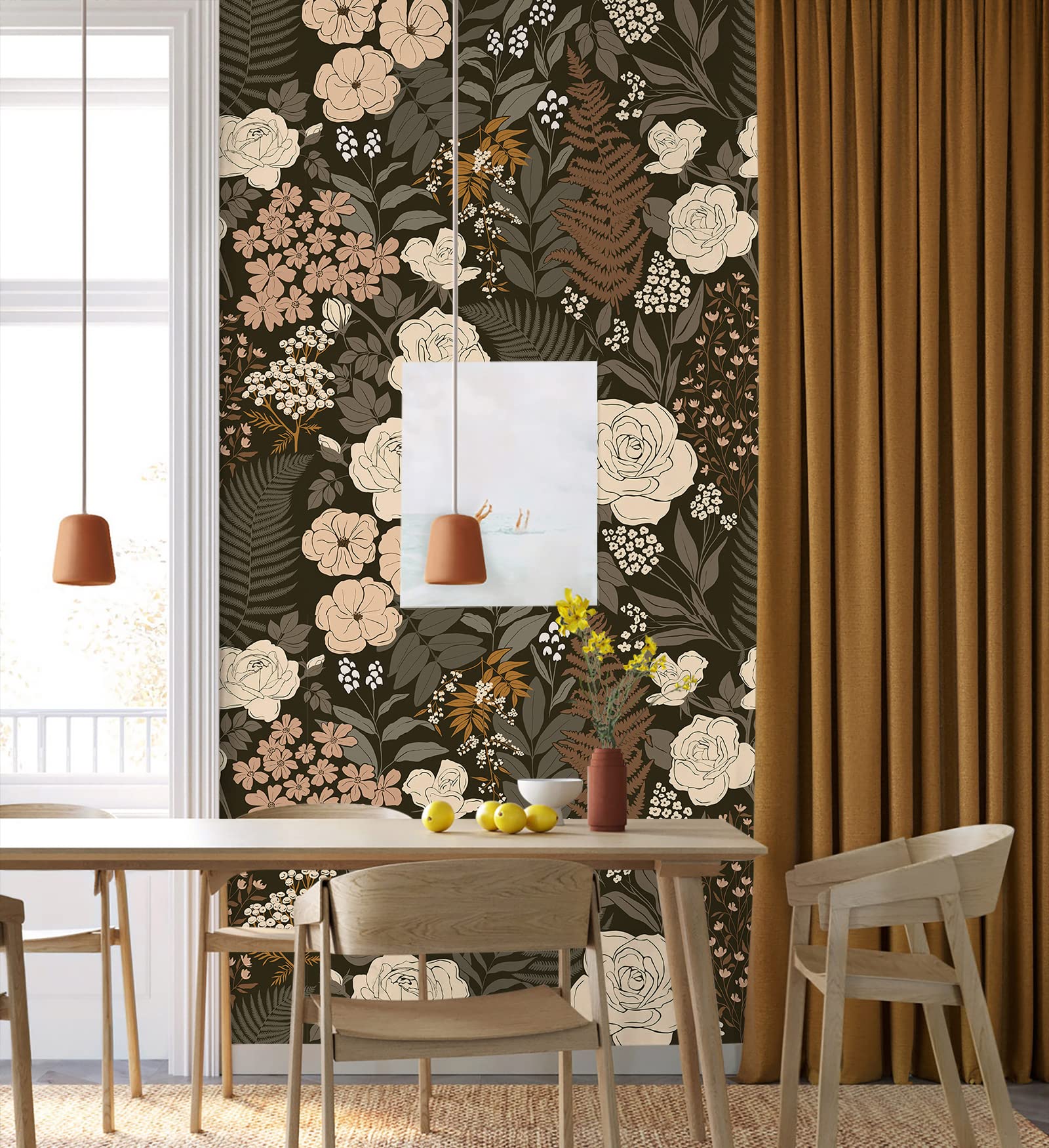 HAOKHOME Peel and Stick Wallpaper Floral Vintage Removable Rose Leaf Black/Brown/Beige Stick on Mural 17.7in x 9.8ft