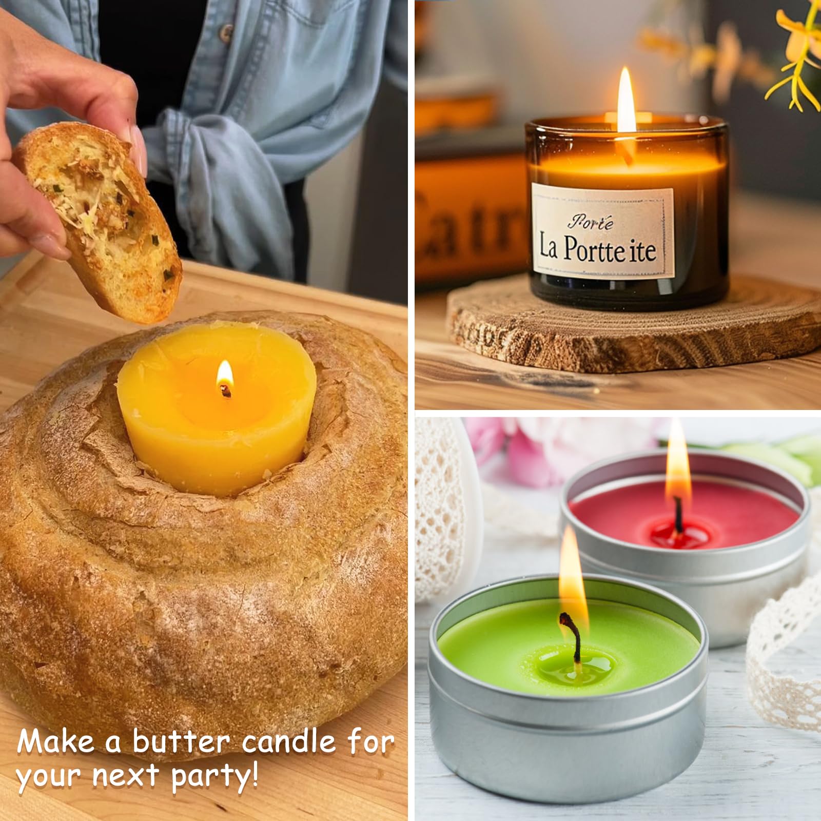 Nuozme 50 Pcs 6" Natural Candle Wicks,Pre-Waxed by 100% Beeswax & Tabbed with 60Pcs Candle Wick Stickers and 5 Pcs Wooden Candle Wick Centering Device, for Candle Making,Candle DIY