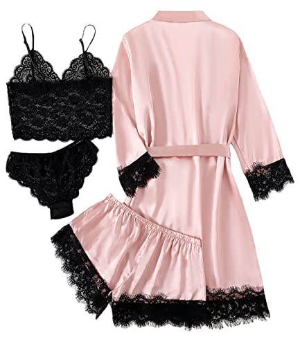 LYANER Women's 4pcs Sleepwear Satin Floral Lace Trim Cami Pajama Set with Robe Solid Pink Small
