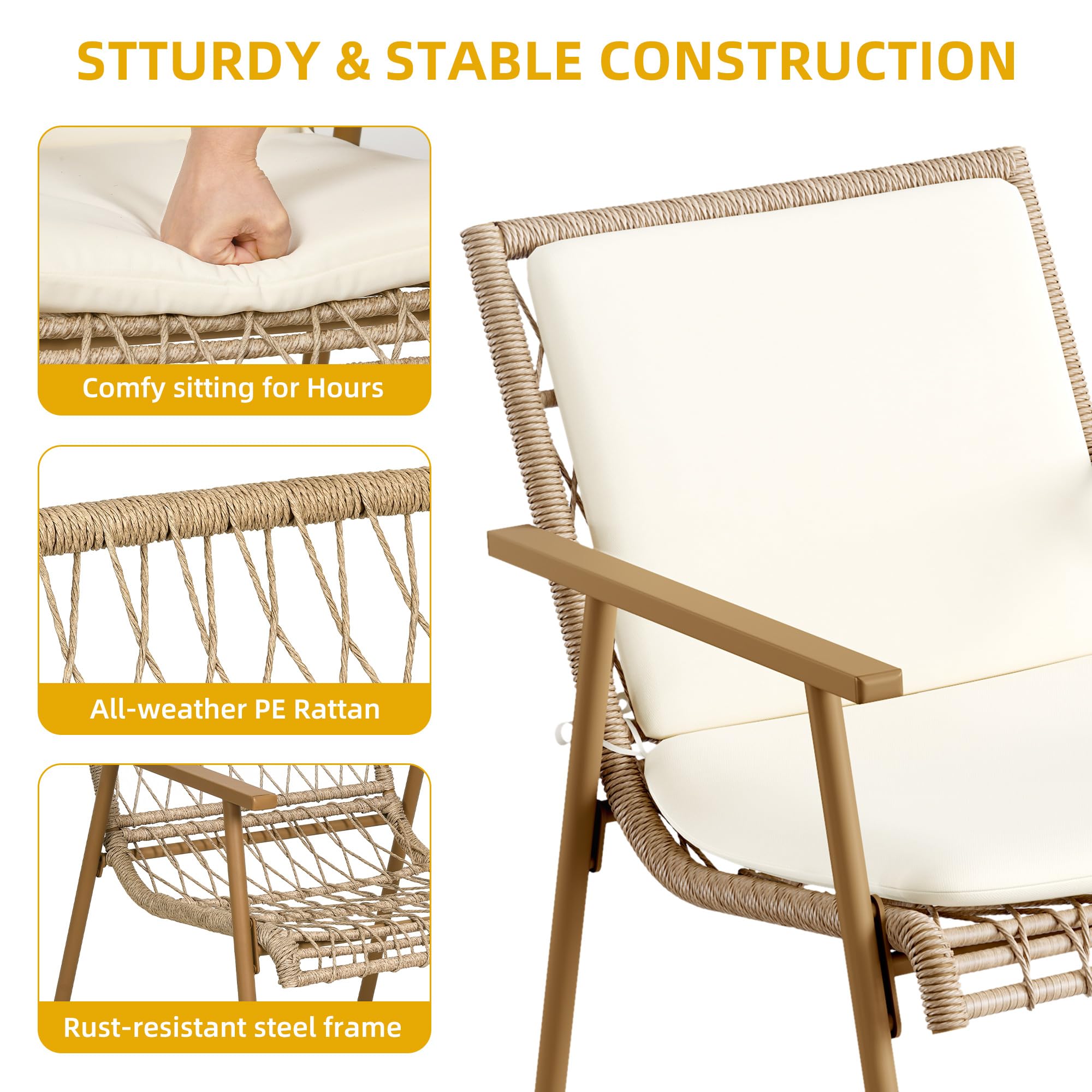 DWVO 3 Pieces Rocking Wicker Bistro Set, Patio Outdoor Conversation Sets with 2-Tier Coffee Table, Oversize Rattan Furniture Set for Garden Backyard Balcony, Beige
