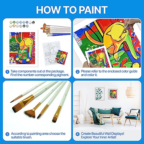 Limebrush DIY Paint by Numbers for Adults Beginner Set - Creative 12"x14.5" Unframed Rolled Canvas Adult Paint by Number Kit with Reusable Brushes, Acrylic Paints β The Cat with Red Fish