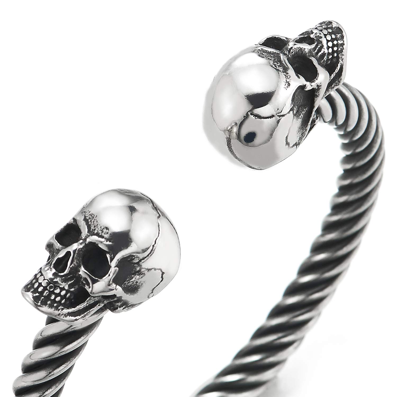 COOLSTEELANDBEYOND Mens Womens Skull Twisted Cable Cuff Bangle Bracelet, Stainless Steel, Polished, Elastic Adjustable